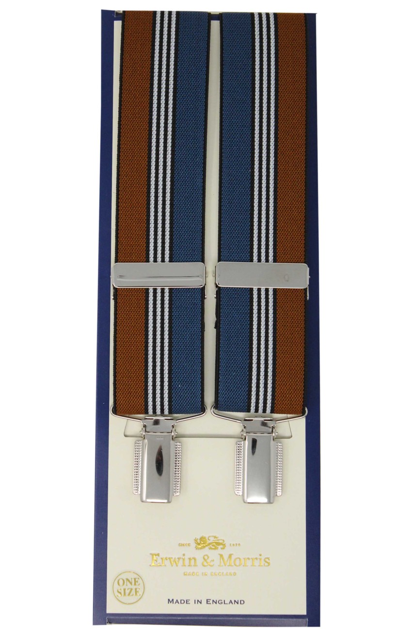Erwin & Morris Made in UK Tan And Blue Striped 4 Clip Trouser Brace