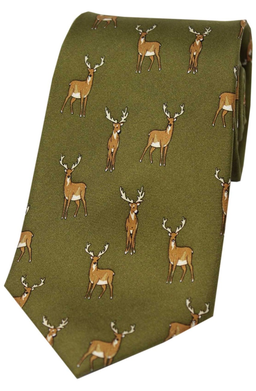 Soprano Standing Stag On Country Green Ground Country Silk Tie